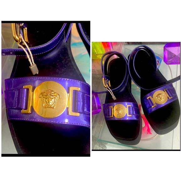 Versace | Shoes | Versace Purple Laminated Leather Wrap Around Platform ...